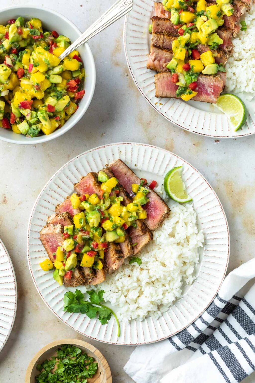Blackened Tuna Steaks with Mango Avocado Salsa - Simply Whisked